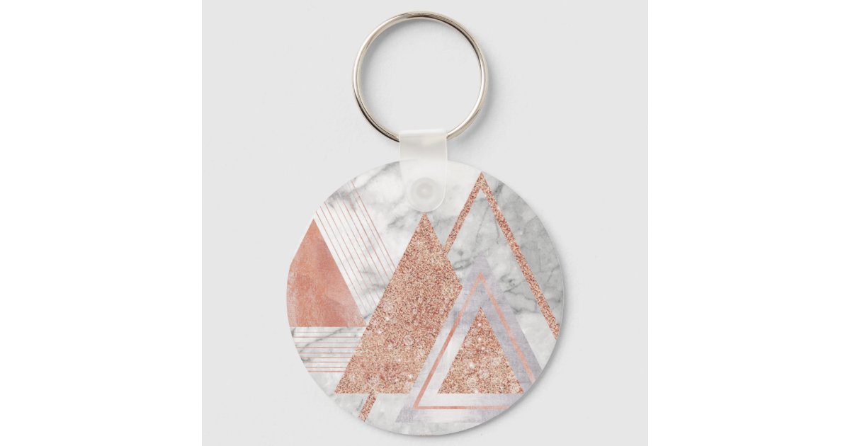 trendy white marble Rose gold triangles geometric Keychain | Zazzle