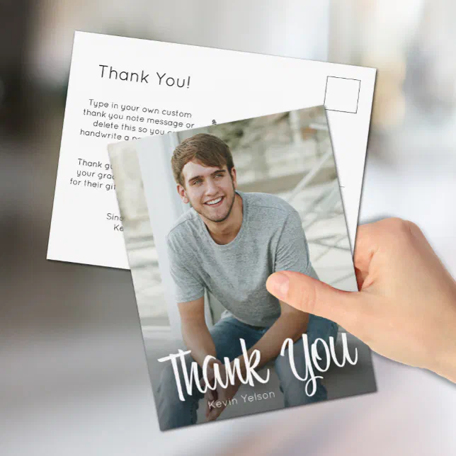 Trendy White Script Thank You Photo Graduation Postcard | Zazzle