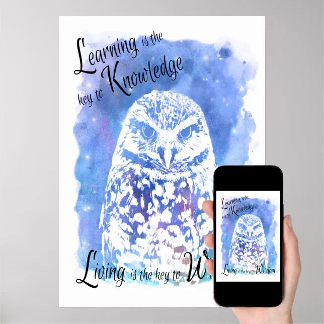 Trendy wise owl blue watercolor inspirational poster | Zazzle