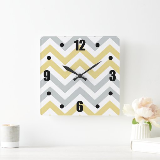 Trendy Yellow And Gray Chevron Pattern Square Wall Clock | Zazzle