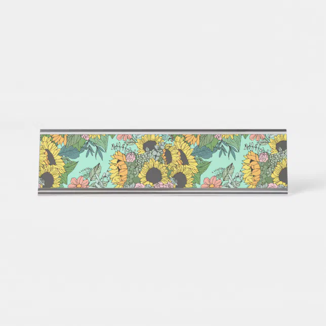 Trendy yellow sunflowers and pink roses design desk name plate | Zazzle