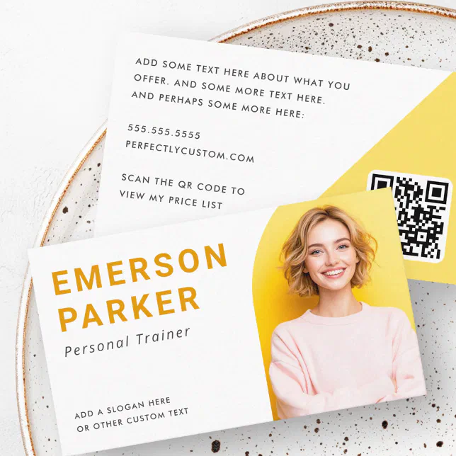 Trendy yellow white half arch photo QR code Business Card | Zazzle