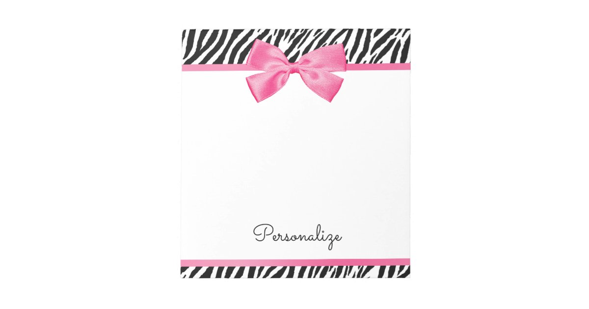 Trendy Zebra Print Chic Hot Pink Bow and Name Notepad | Zazzle