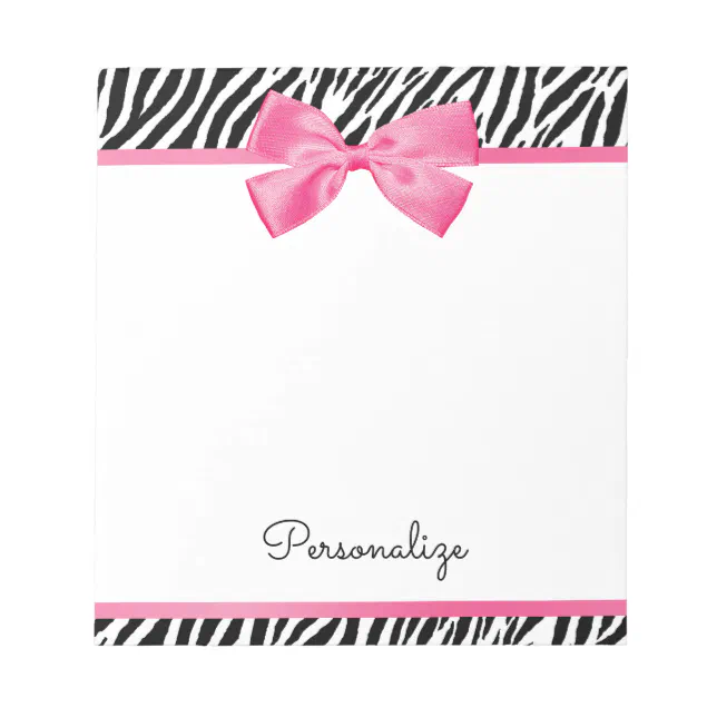 Trendy Zebra Print Chic Hot Pink Bow and Name Notepad | Zazzle