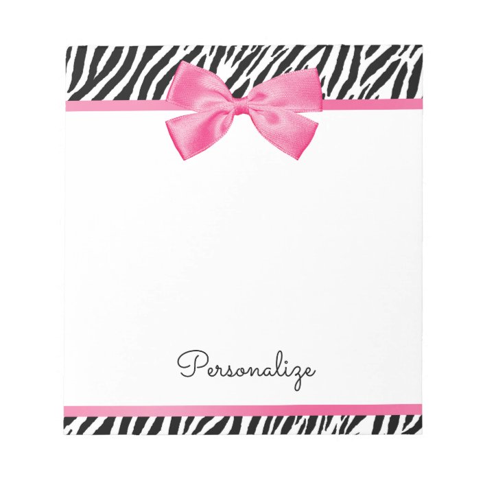 Trendy Zebra Print Chic Hot Pink Bow and Name Notepad | Zazzle.com