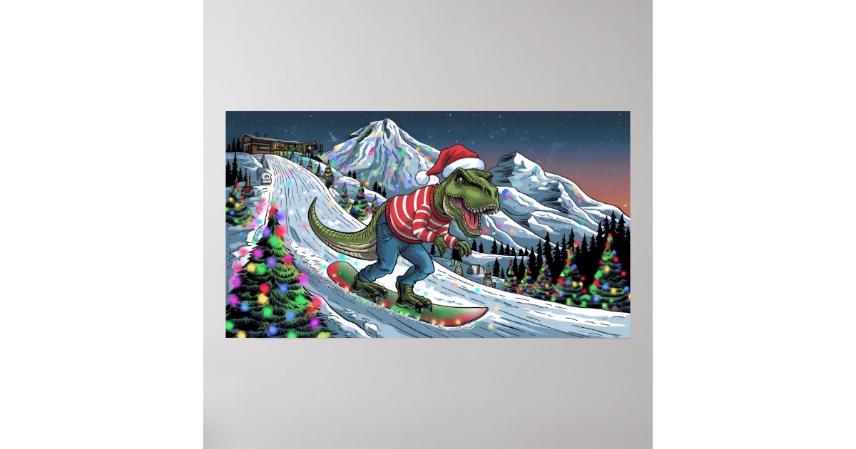 TRex snowboard on mountain psychedelic colors Poster | Zazzle