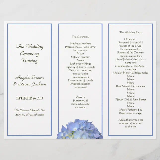 Tri-fold, Blue Hydrangea Wedding Program | Zazzle