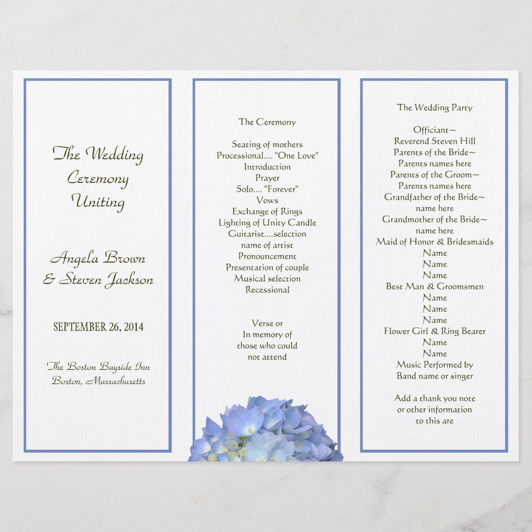 Tri-fold, Blue Hydrangea Wedding Program | Zazzle