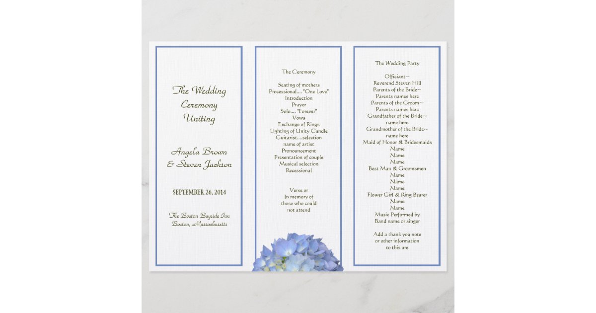 Tri-fold, Blue Hydrangea Wedding Program | Zazzle