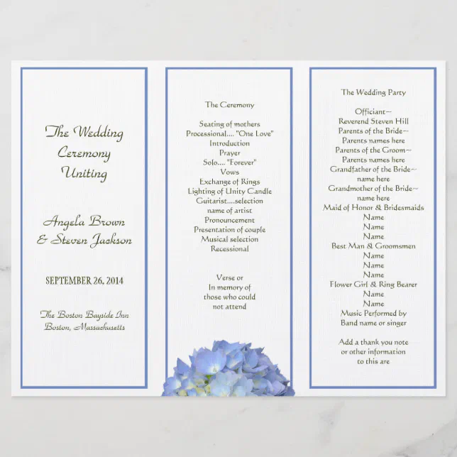 Tri-fold, Blue Hydrangea Wedding Program | Zazzle