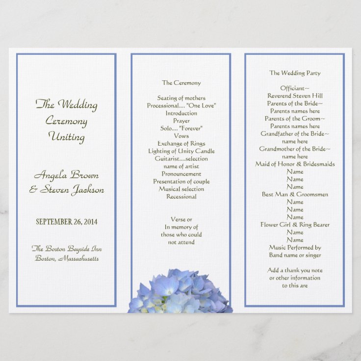 Tri-fold, Blue Hydrangea Wedding Program | Zazzle