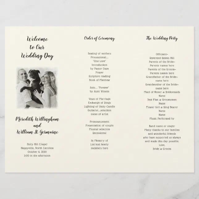 Tri-fold Photo Wedding Ceremony Program Template | Zazzle