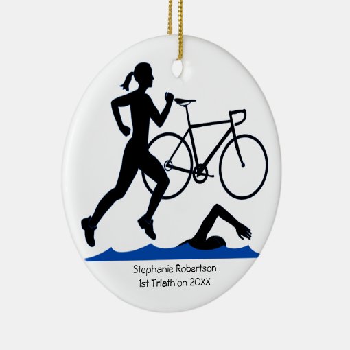Triathlon Female Keepsake In Blue Ceramic Ornament | Zazzle