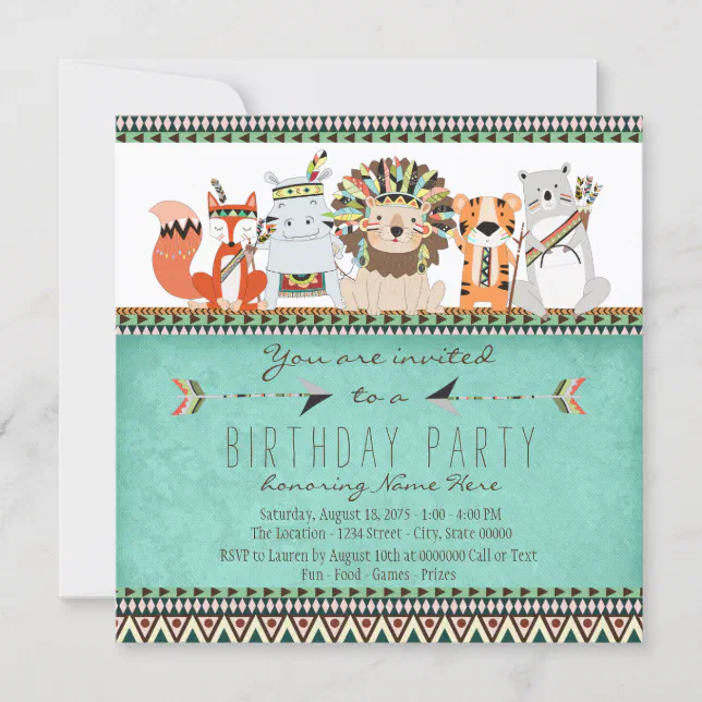 Tribal Animal Kids Native American Birthday Party Invitation | Zazzle