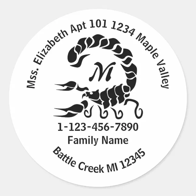 Tribal Black Scorpion Family Home Address Classic Round Sticker | Zazzle