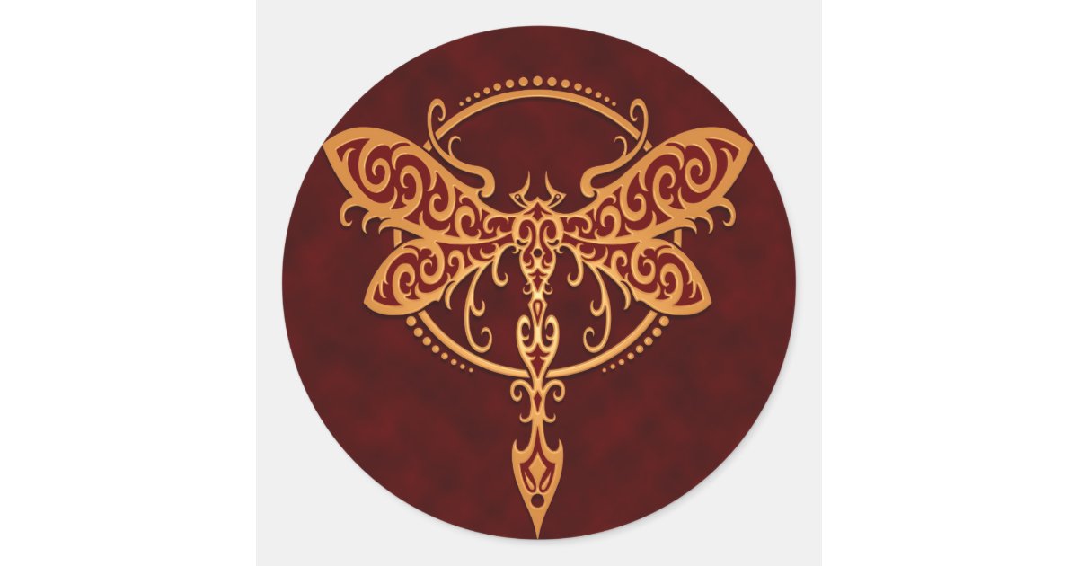 Tribal Dragonfly, Golden Red Classic Round Sticker | Zazzle