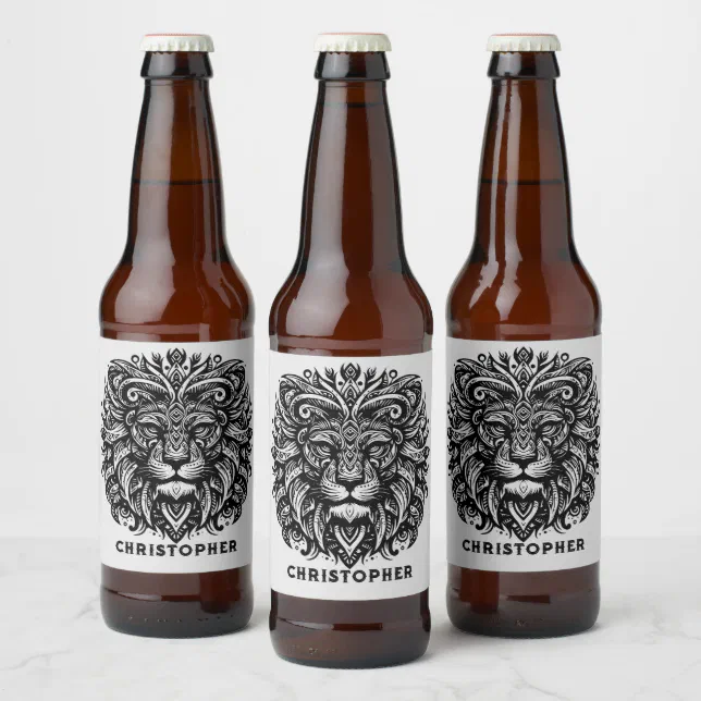 Tribal Lion Add Name Beer Bottle Label | Zazzle