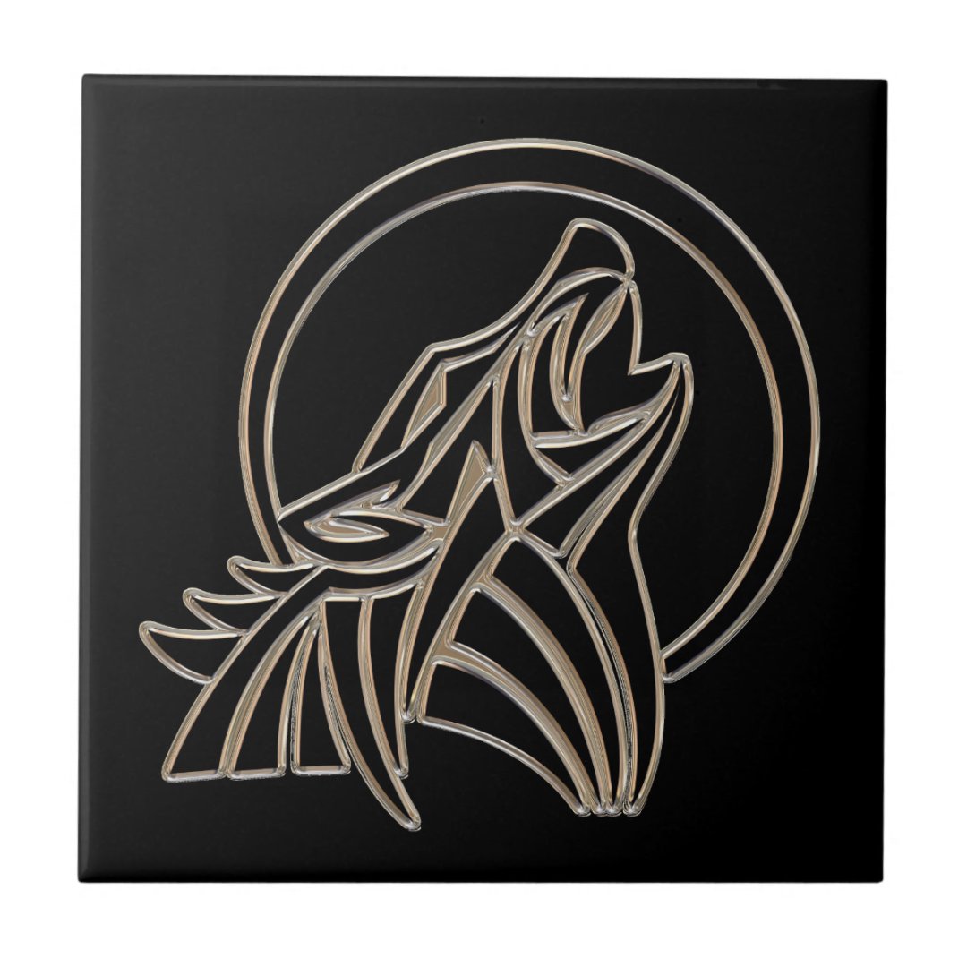 Tribal Metallic Howling Wolf Emblem Ceramic Tile | Zazzle