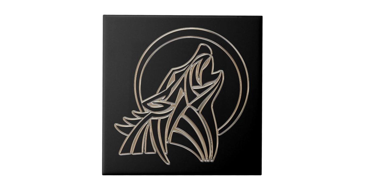 Tribal Metallic Howling Wolf Emblem Ceramic Tile | Zazzle