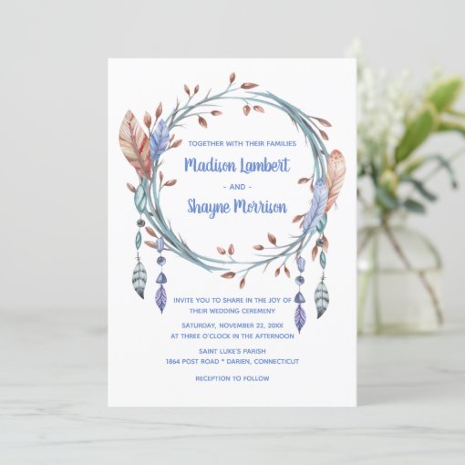 Tribal Native American Blue Feathers Boho Wedding Invitation | Zazzle