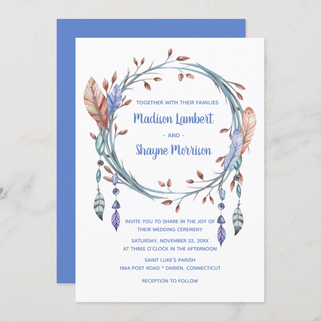 Tribal Native American Blue Feathers Boho Wedding Invitation | Zazzle