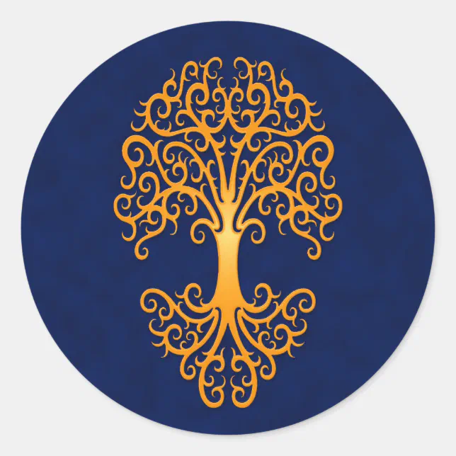 Tribal Tree of Life Golden Blue Classic Round Sticker | Zazzle