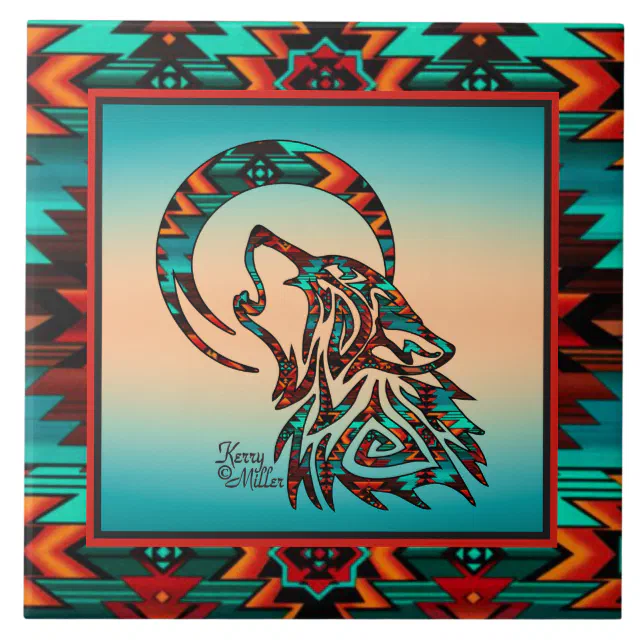 Tribal Wolf Howling At The Moon Ceramic Tile | Zazzle