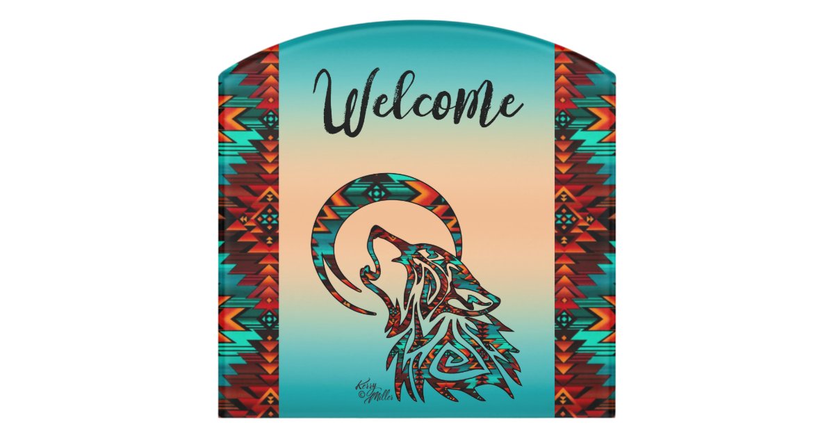 Tribal Wolf Howling At The Moon Welcome Door Sign | Zazzle