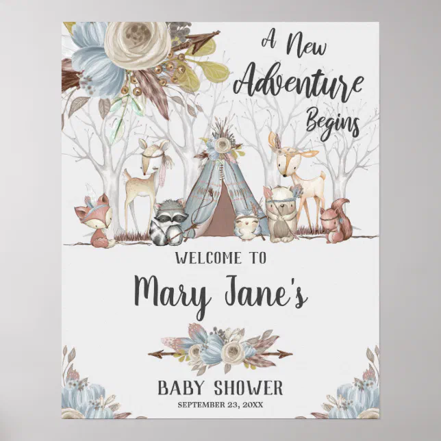 Tribal Woodland Animals Baby Boy Shower Welcome Poster | Zazzle