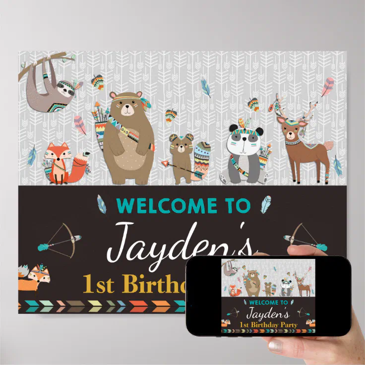Tribal Woodland Animals Birthday Welcome Sign Boy | Zazzle
