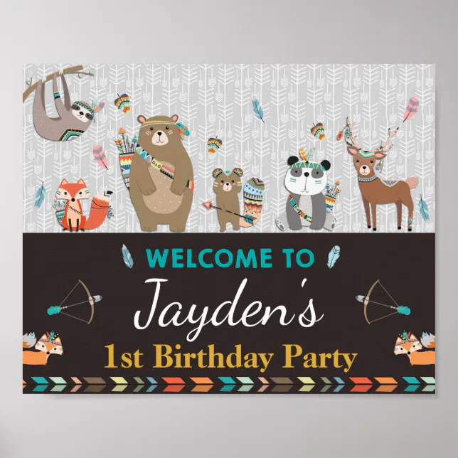 Tribal Woodland Animals Birthday Welcome Sign Boy | Zazzle