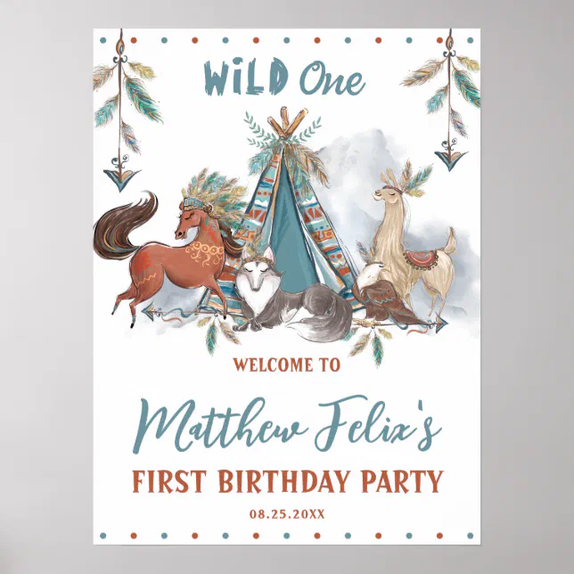 Tribal Woodland Animals Boy 1st Birthday Wild One Poster | Zazzle