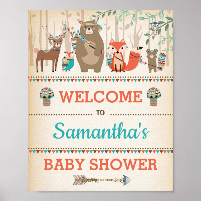 Tribal Woodland Baby Animals Wild One Welcome Poster | Zazzle