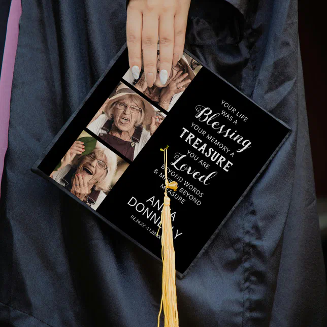 Tribute with 3 Photos & Quote Graduation Cap Topper | Zazzle