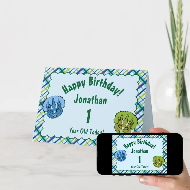 Triceratops Blue and Green Cute Dinosaur Birthday Card | Zazzle