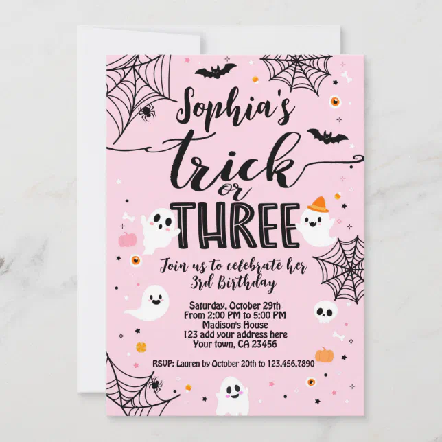Trick or Three 3rd Birthday, Pink Halloween Invitation | Zazzle