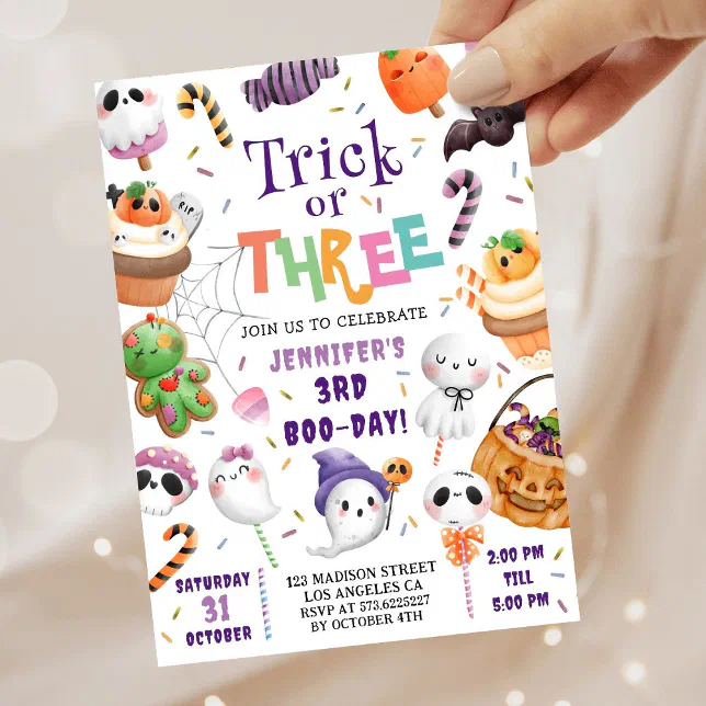Trick or Three! Cute Purple Halloween 3rd Birthday Invitation | Zazzle