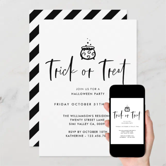 Trick Or Treat Black Minimal Halloween Party Invitation | Zazzle