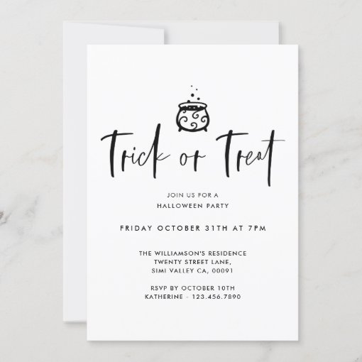 Trick Or Treat Black Minimal Halloween Party Invitation | Zazzle