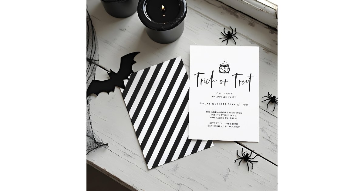 Trick Or Treat Black Minimal Halloween Party Invitation | Zazzle