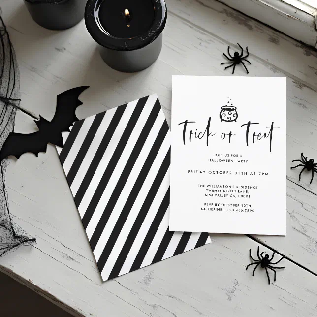 Trick Or Treat Black Minimal Halloween Party Invitation | Zazzle