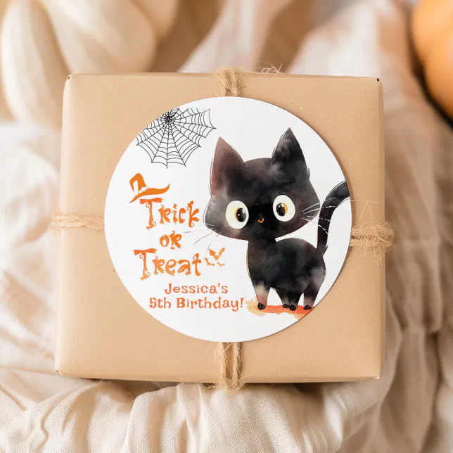 Trick or Treat Cute black cat Halloween party Classic Round Sticker ...