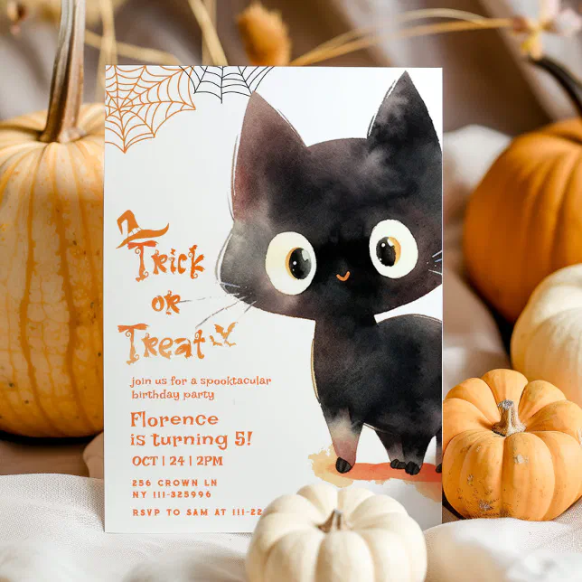 Trick or Treat cute Black cat Spooktacular party Invitation | Zazzle