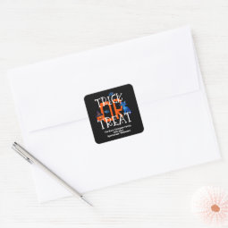 Trick or Treat Script Halloween Party Name Black Square Sticker | Zazzle