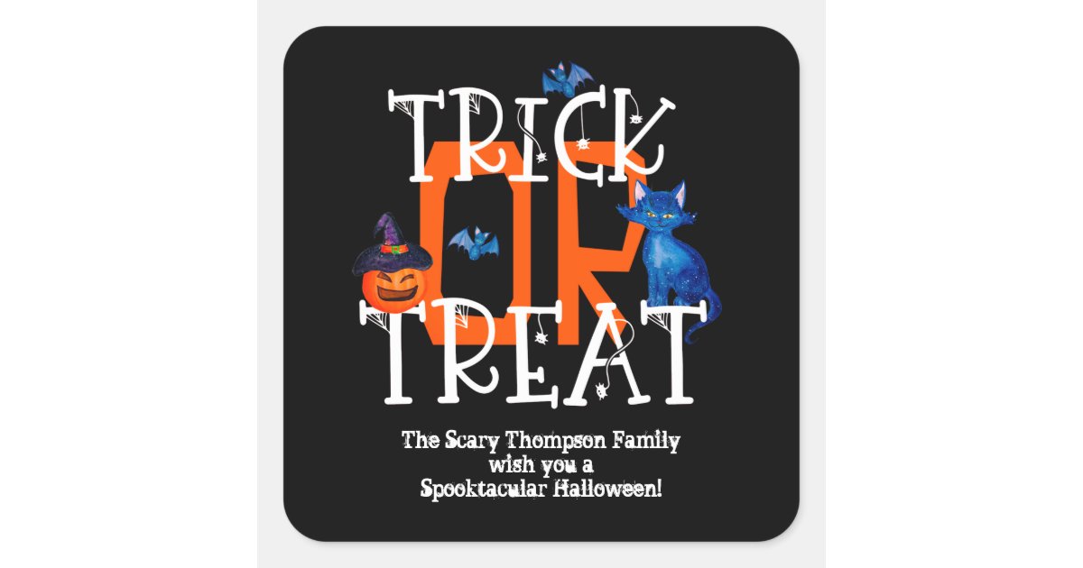Trick or Treat Script Halloween Party Name Black Square Sticker | Zazzle