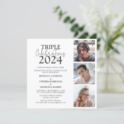 Triple Celebration 3 Photo Graduation Invitation | Zazzle