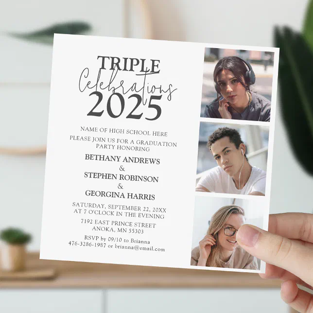 Triple Celebration 3 Photo Graduation Invitation | Zazzle