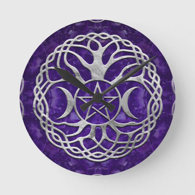 Triple Goddess with pentagram and tree of life Round Clock | Zazzle