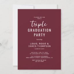 Triple Grad 3 Photo Burgundy Graduation Party Invitation | Zazzle