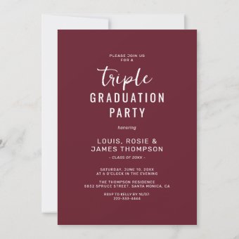 Triple Grad 3 Photo Burgundy Graduation Party Invitation | Zazzle